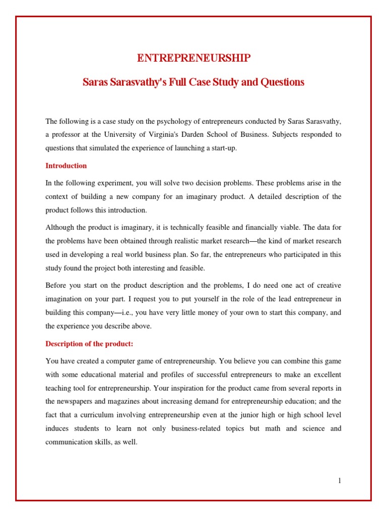Saras Sarasvathy's Case Study | PDF | Entrepreneurship | Marketing Research