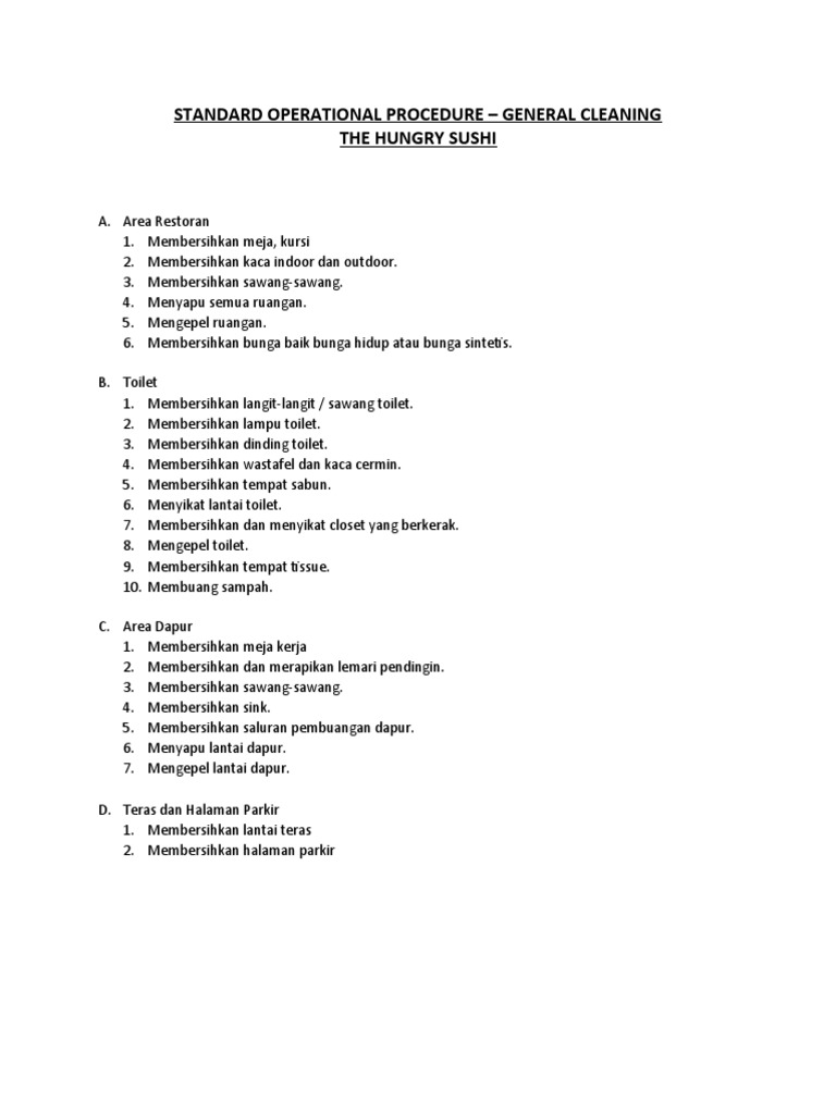 CLEANING PROCEDURES FOR THE HUNGRY SUSHI RESTAURANT | PDF