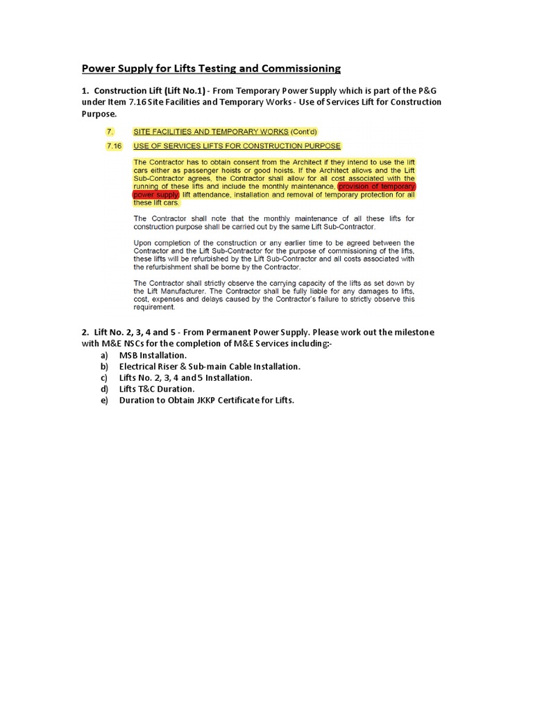 Power Supply For Lifts Testing and Commissioning | PDF