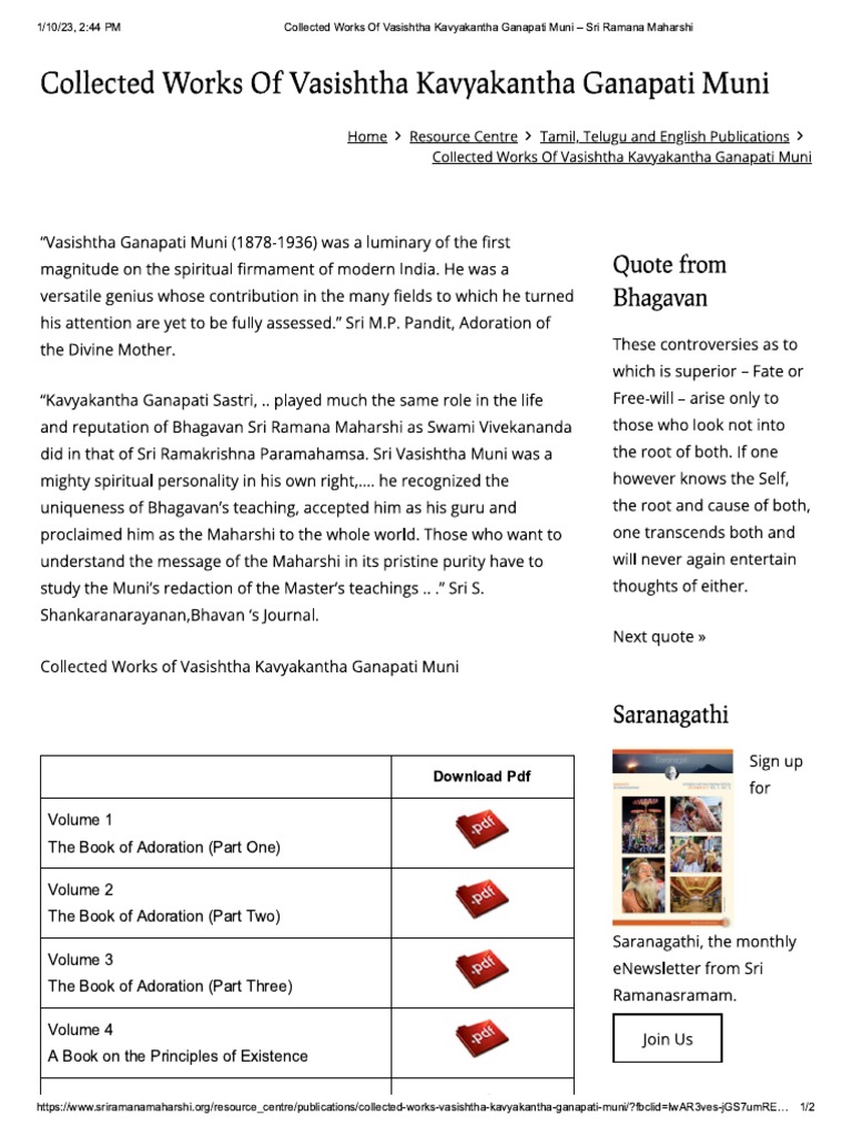 Collected Works of Vasishtha Kavyakantha Ganapati Muni | PDF