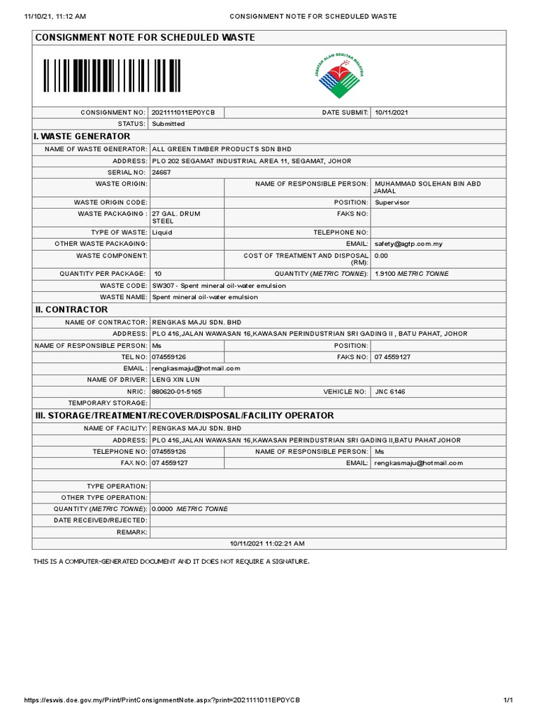SW 307 Form Exemple | PDF | Waste | Secondary Sector Of The Economy