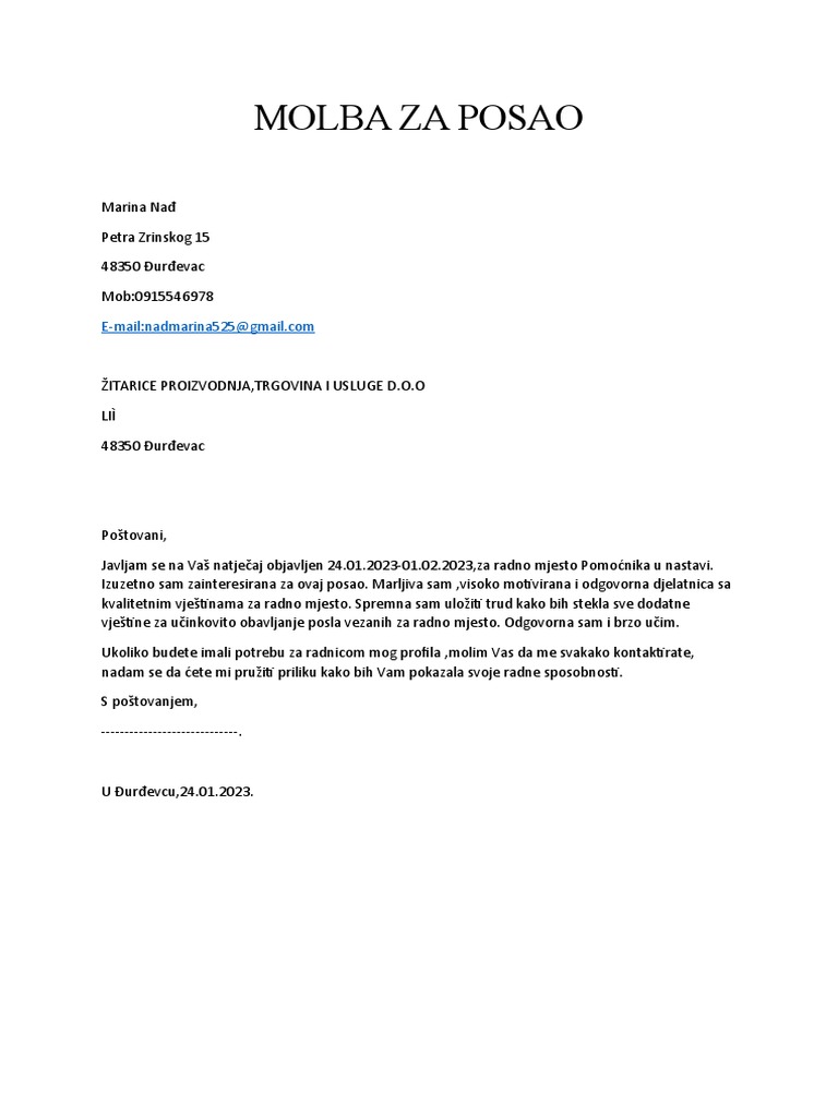 Molba Za Posao Pomocnik U Nastavi | PDF