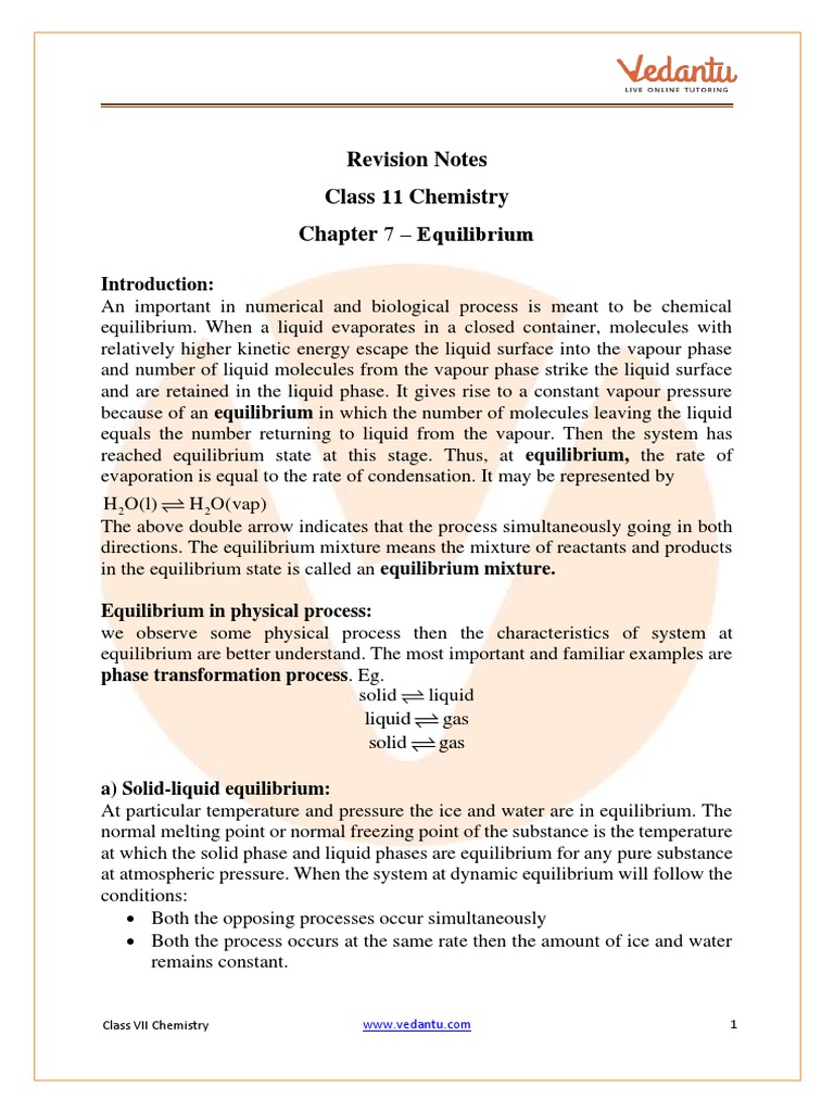 Class 11 Chemistry Revision Notes Equilibrium | PDF | Chemical ...