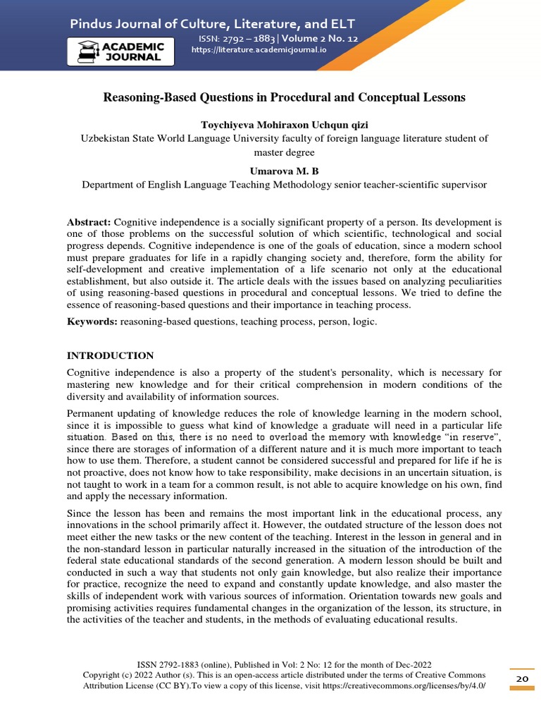 Reasoning-Based Questions in Procedural and Conceptual Lessons | PDF ...