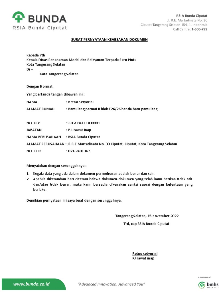 Surat Pernyataan Keabsahan Terbaru Untuk Pembuatan SIP-2 (1) Retno | PDF