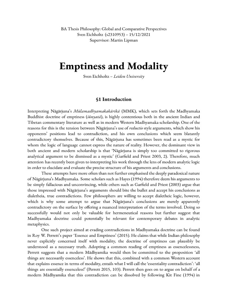 BA Thesis Sven Eichholtz - s2310953 - Emptiness and Modality | PDF | Śūnyatā | Modal Logic