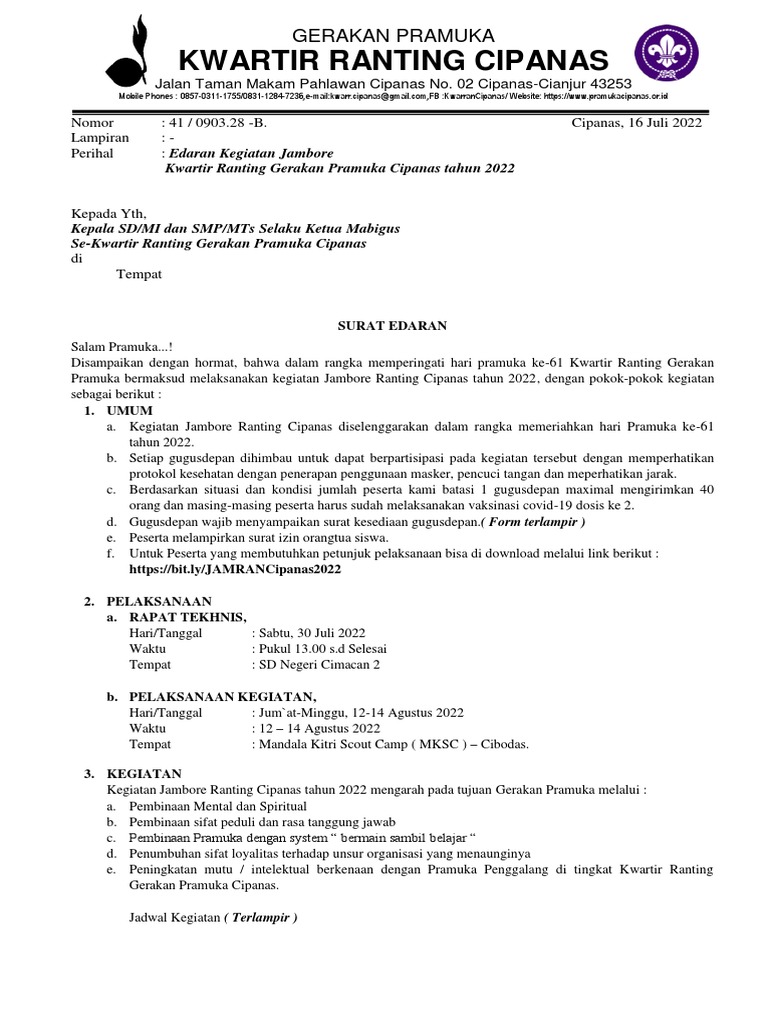 41 Surat Edaran Kegiatan Jambore Ranting Cipanas Tahun 2022 | PDF