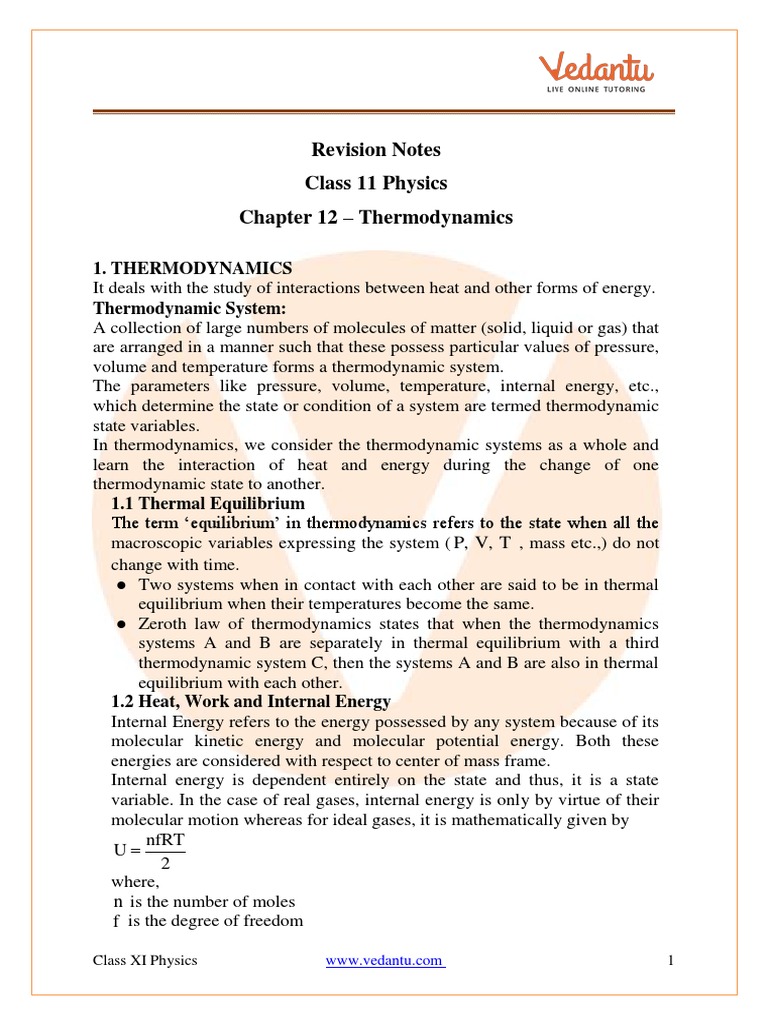 Class 11 Physics Revision Notes Thermodynamics | PDF | Gases | Heat
