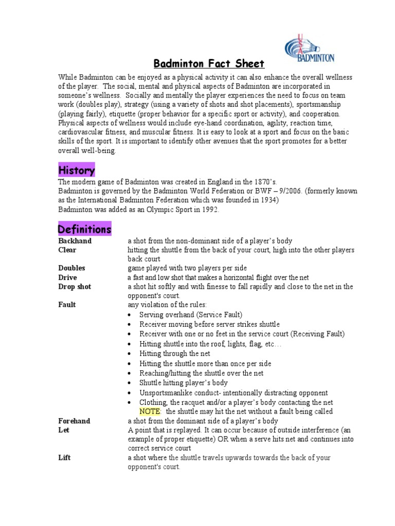 Badminton Fact Sheet 2018 | PDF | Sports | Entertainment