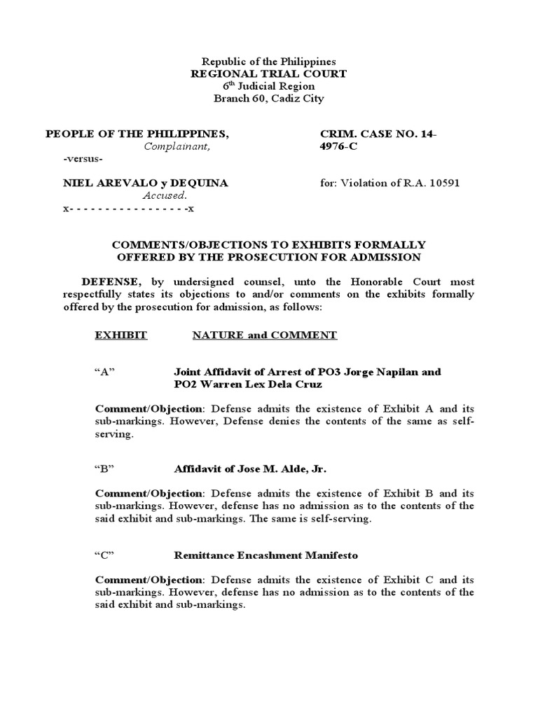 Comment On Formal Offer of Exhibit Niel Arevalo | PDF | Criminal ...