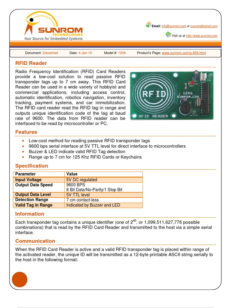 RFID Reader: Datasheet 4-Jan-10 1206 | PDF | Radio Frequency ...