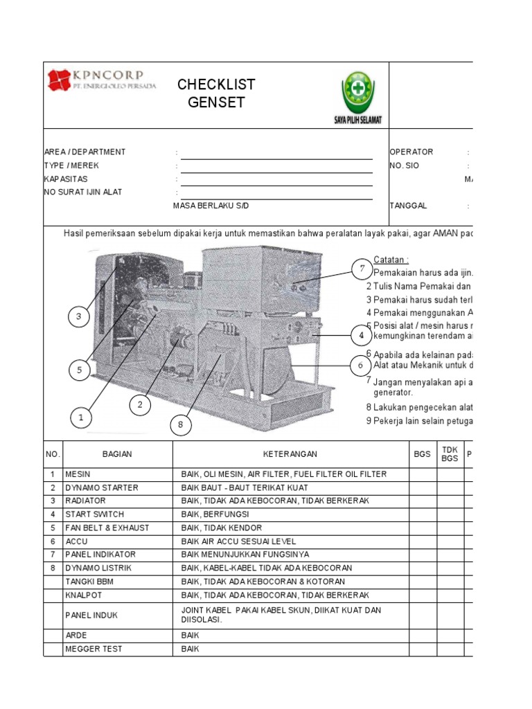 Form Checklist Genset Pak Yudi | PDF