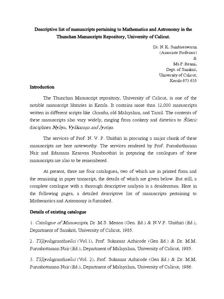 Descriptive List of Manuscripts Pertaini | PDF | Manuscript | Kerala