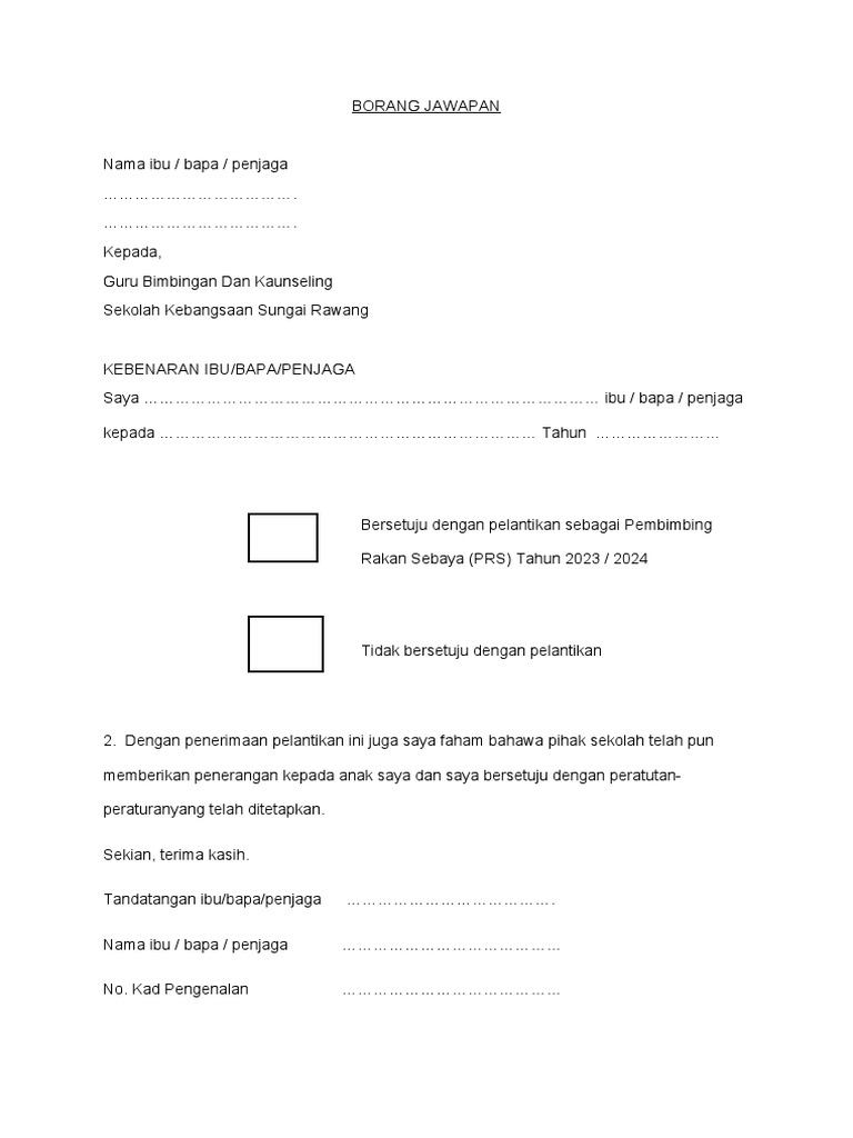 Borang Jawapan Ibu Bapa PRS | PDF