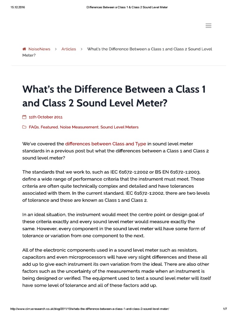 Differences Between A Class 1 & Class 2 Sound Level Meter | PDF