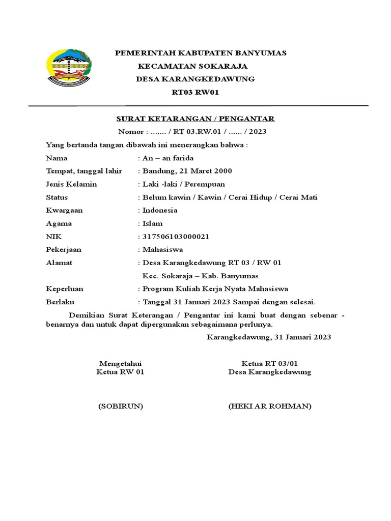 Surat Pengantar RT 03 RW 01 | PDF