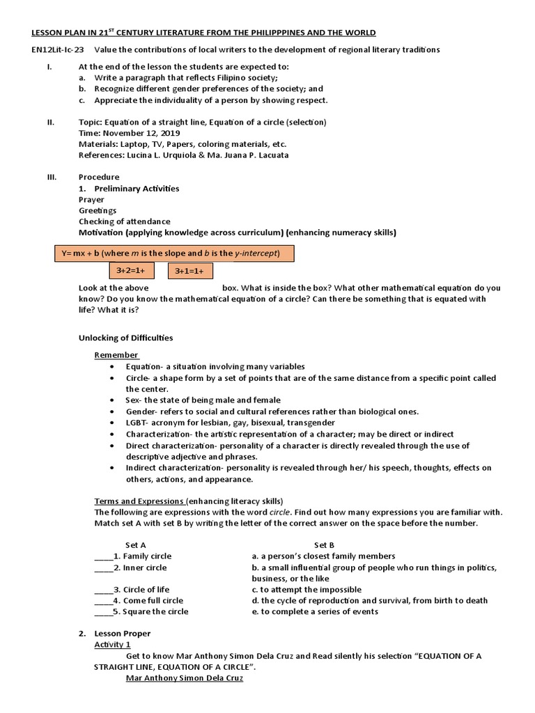 Lesson Plan in 21st Century Literature From The Philipppines and The ...