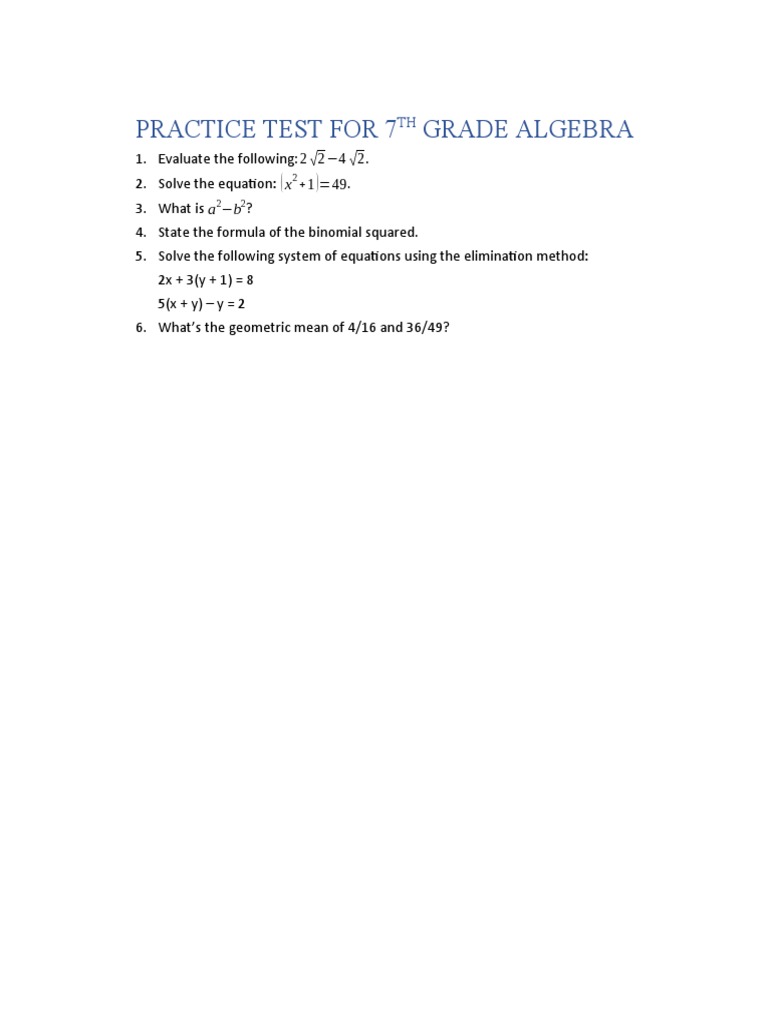 Practice Test For 7th Grade Algebra | PDF
