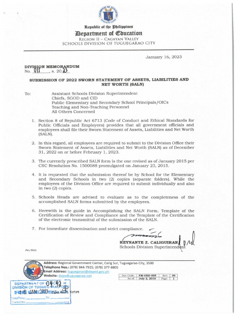 Div Memo No.015 S.2023 Submission of 2022 Sworn Statement of Assets ...