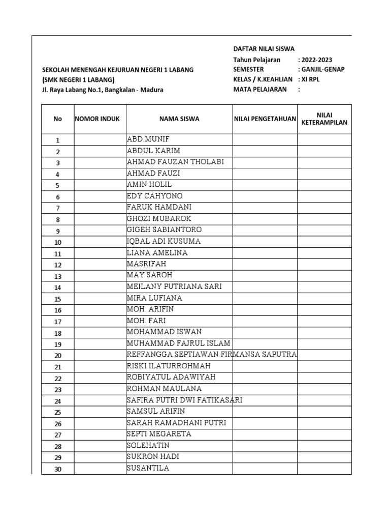 Form Nilai MTK (TBSM 1, Akl 2) - 092623 | PDF