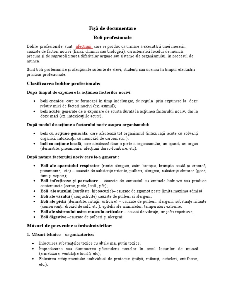 Fisa de Documentare Boli Profesionale | PDF