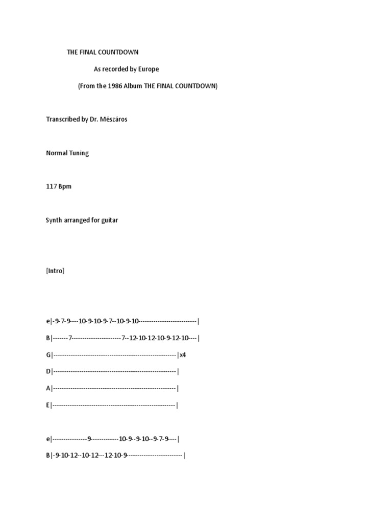 Tab - The Final Countdown | PDF | Guitar Family Instruments | Music ...