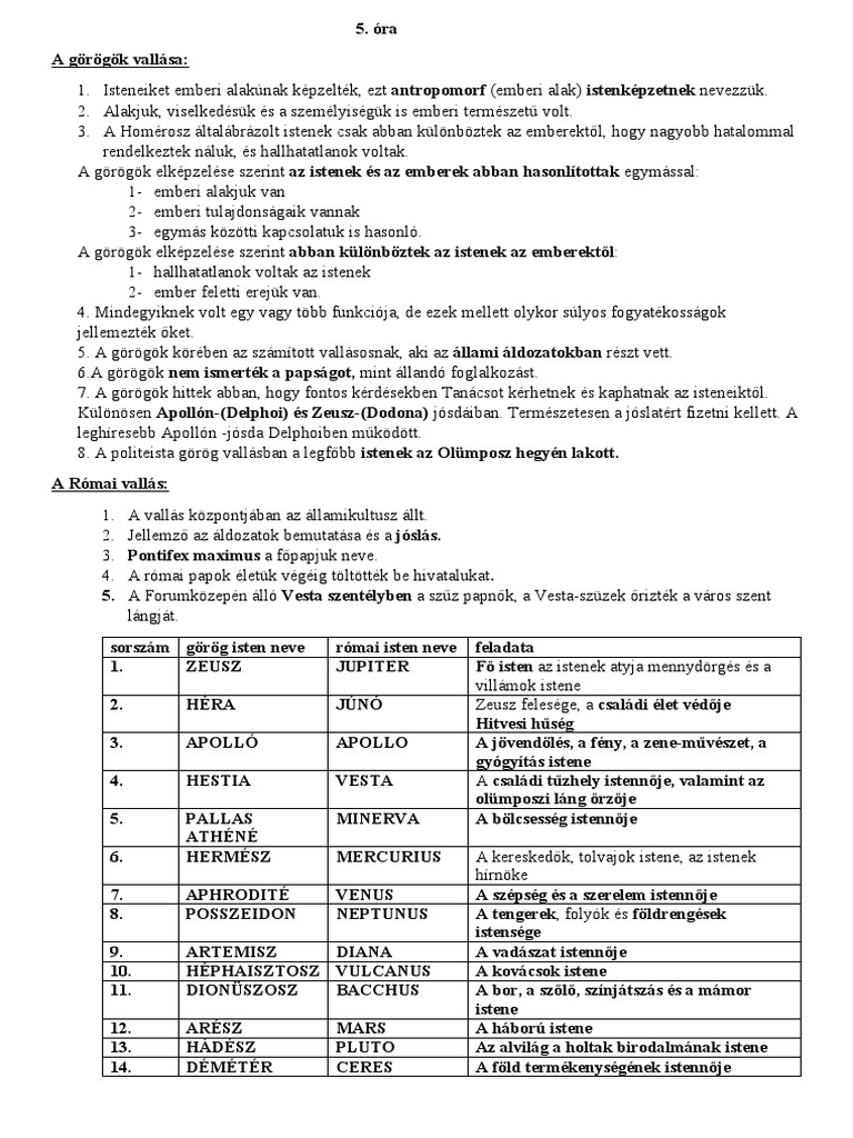 5.óra A Görög És A Római Vallás | PDF