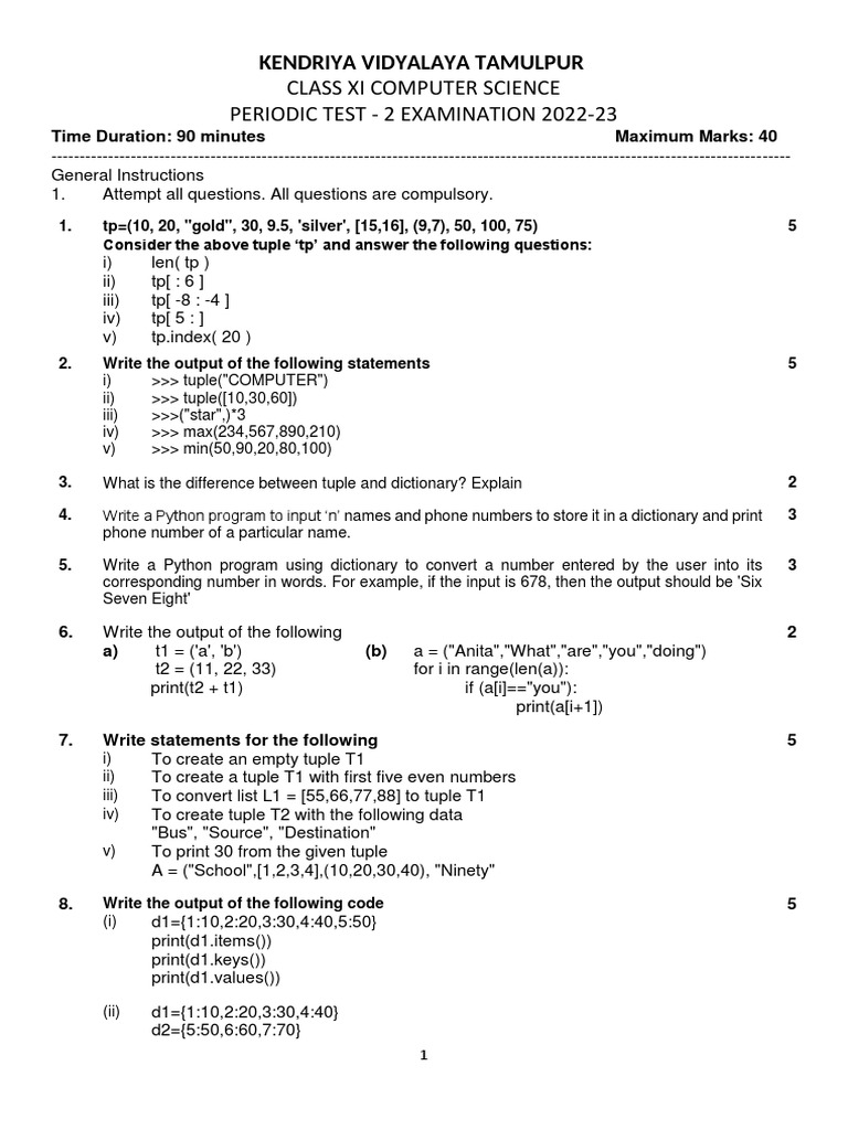 PT2 Exam CLASS XI CS 2023 | PDF | Applied Mathematics | Software ...