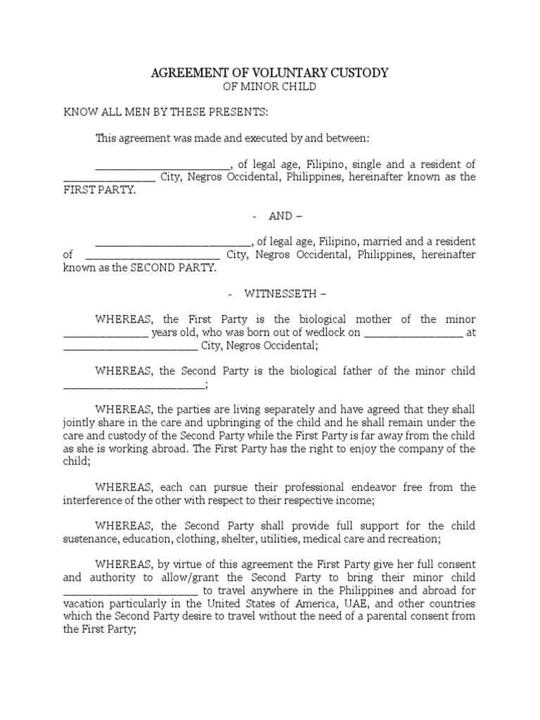 Agreement of Voluntary Custody A | PDF | Child Custody | Family
