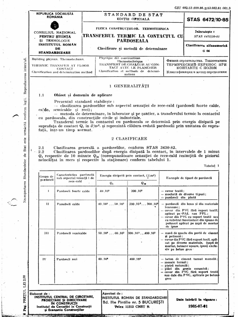 STAS 6742-10-85 Transfer Termic Prin Pardoseala | PDF