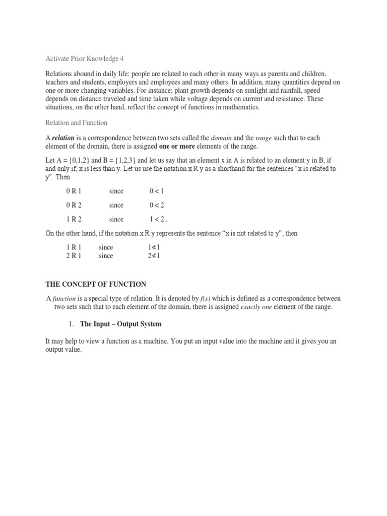 Activate Prior Knowledge 4: The Concept of Function | PDF | Function ...