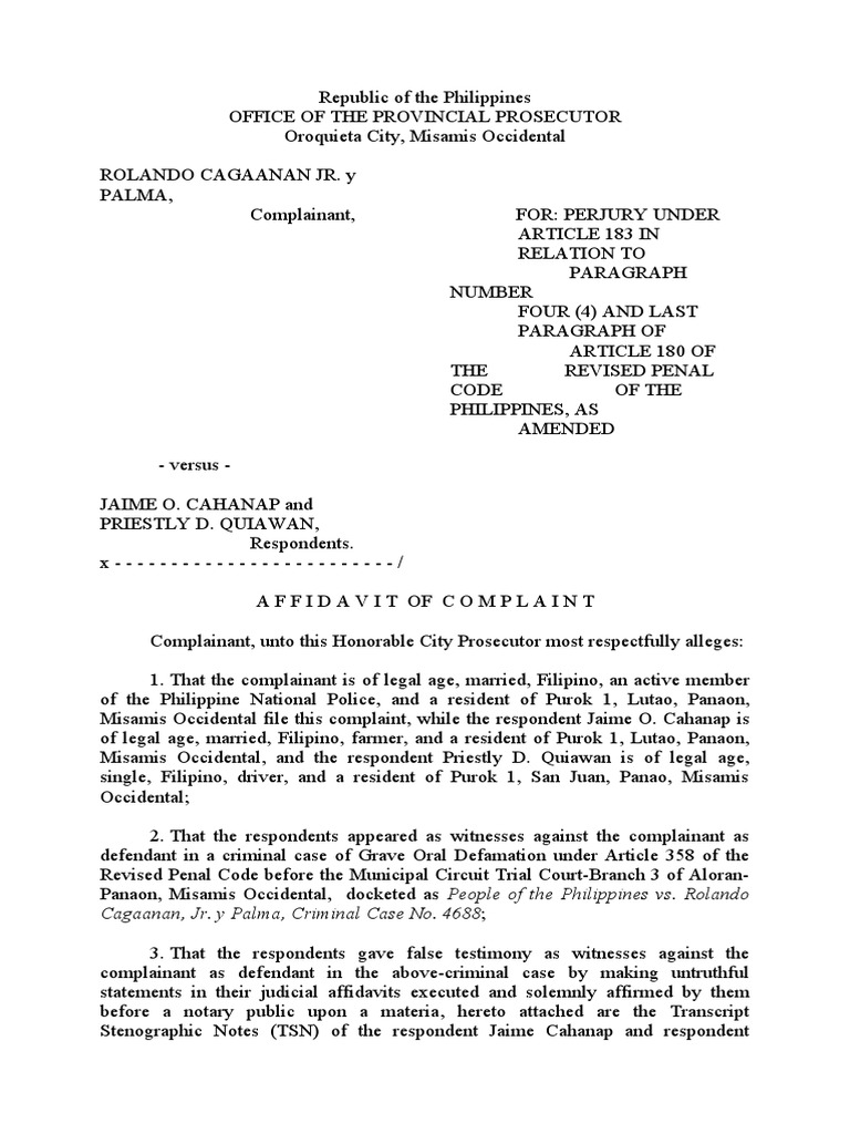 Affidavit of Complaint Sample | PDF | Perjury | Affidavit