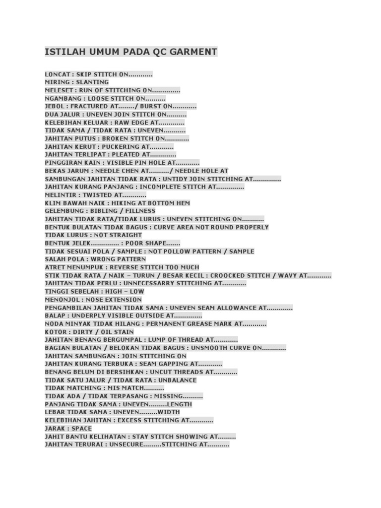 Istilah Umum Pada QC Garment | PDF | Griya & Taman