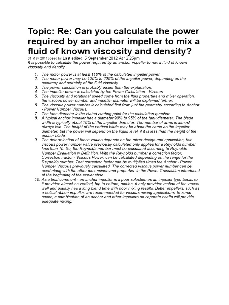 Agitator Calculation | PDF | Reynolds Number | Viscosity