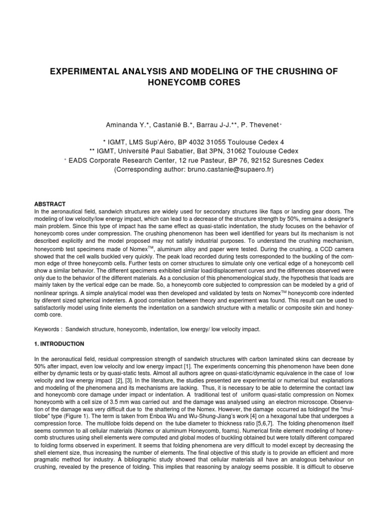 Experimental Analysis Modeling Crushing Honeycomb Cores | PDF | Buckling | Deformation (Engineering)