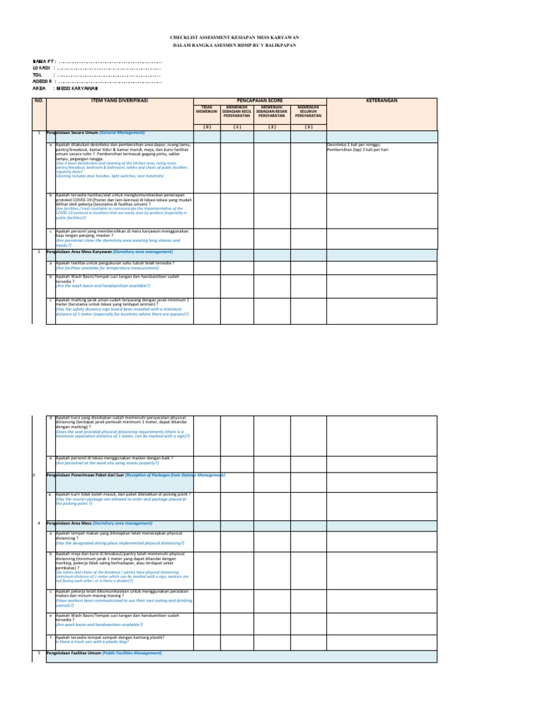 Checklist Assessment Dormitory Inspection | PDF