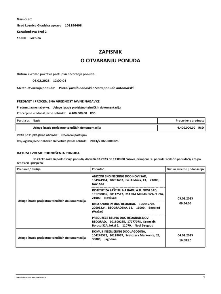 Zapisnik o Otvaranju Ponuda | PDF