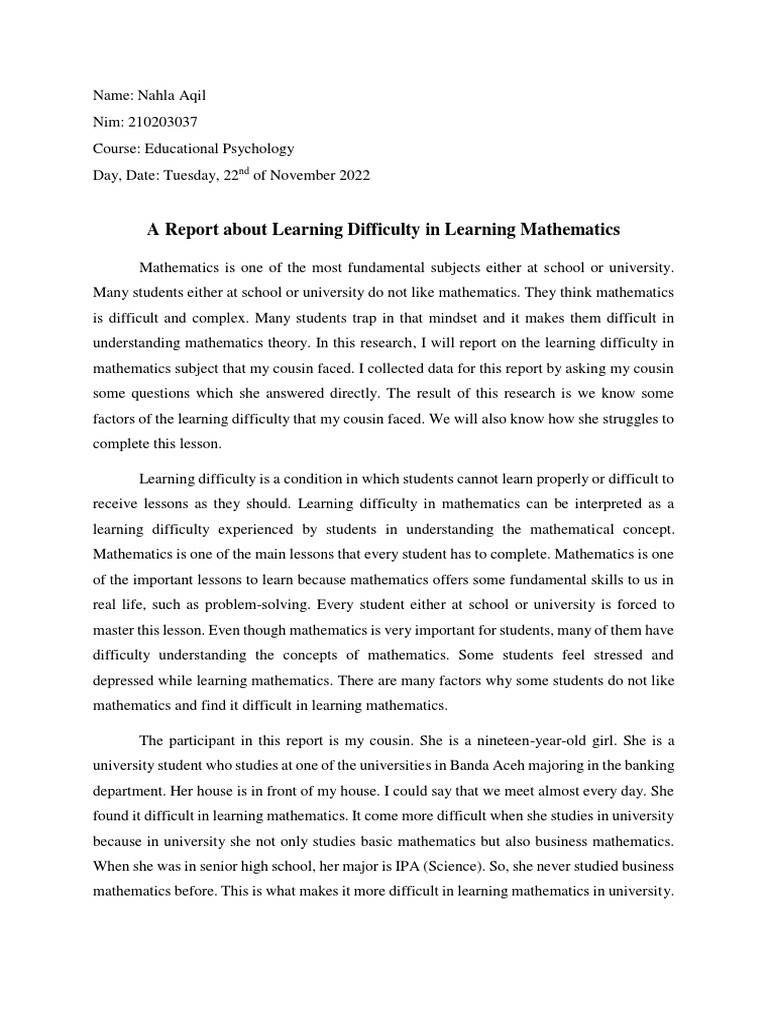 Report of Learning Difficulty in Learning Mathematics | PDF | Teaching ...