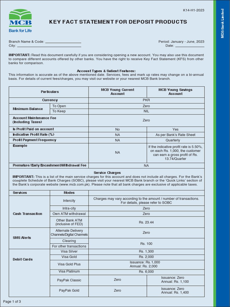 MCB Young Key Fact Sheet | PDF | Cheque | Banks