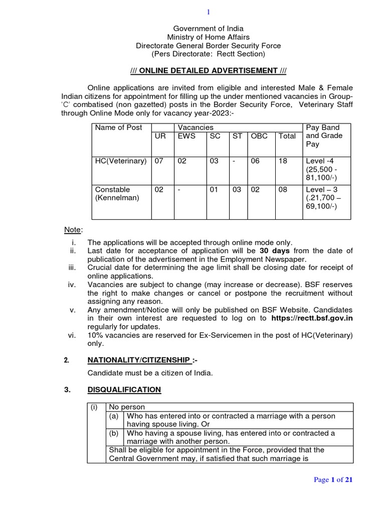Advertisement of Group-C Combatised (Non Gazetted) Posts in The Border Security Force ...
