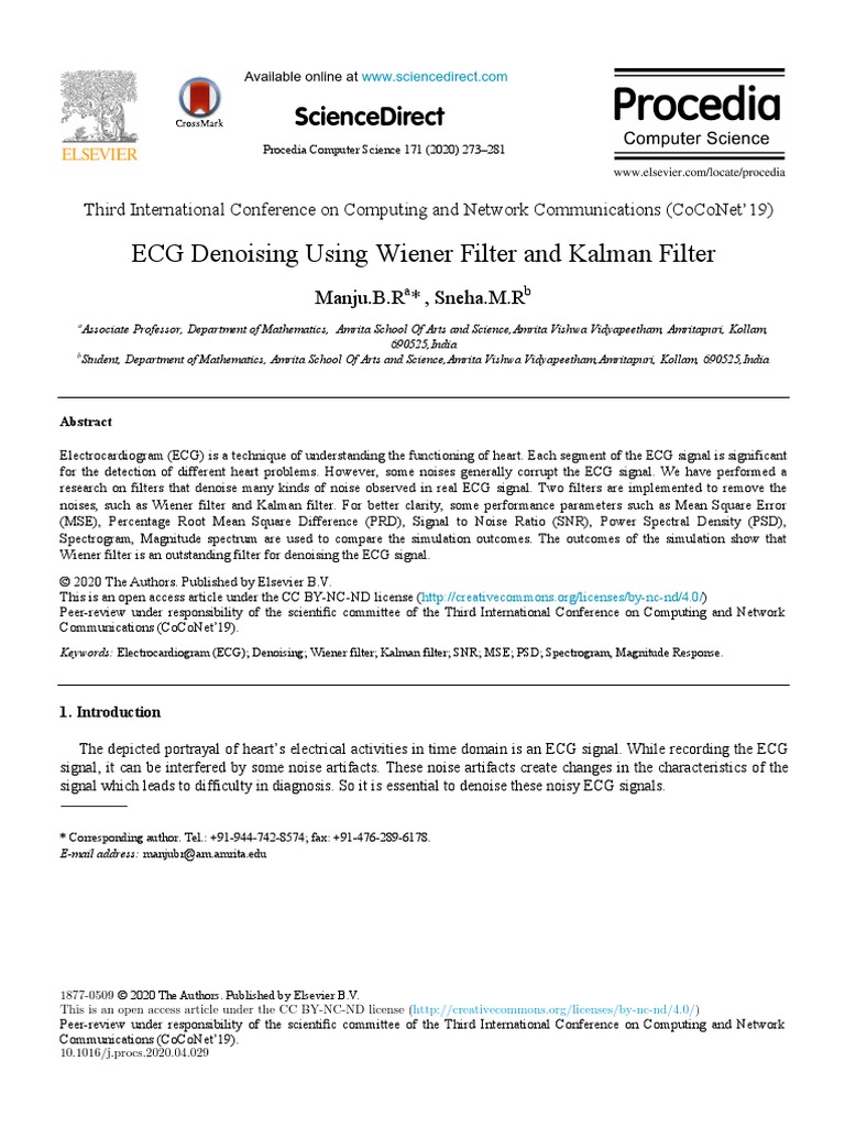 ECG Denoising Using Wiener Filter and Kalman Filter | PDF | Kalman Filter | Covariance