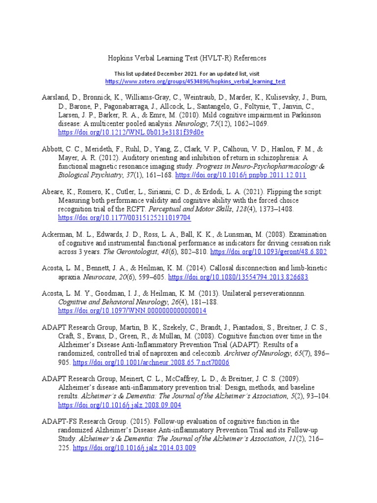 Hopkins Verbal Learning Test (HVLT-R) References | PDF | Dementia ...
