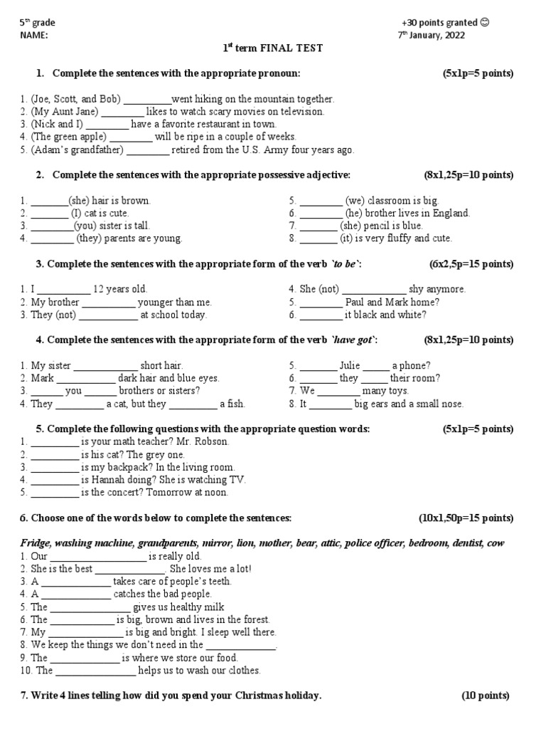 1st Term Final Test 5th Grade PDF