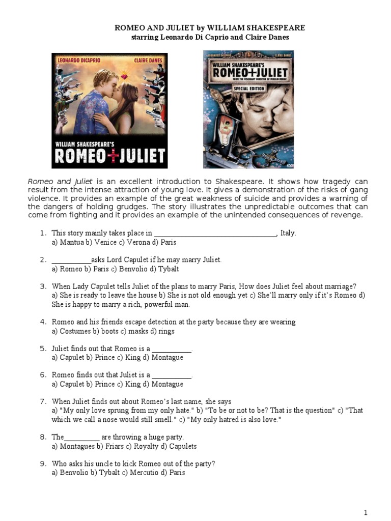 Romeo & Juliet Quiz Guide | PDF | Characters In Romeo And Juliet | Juliet