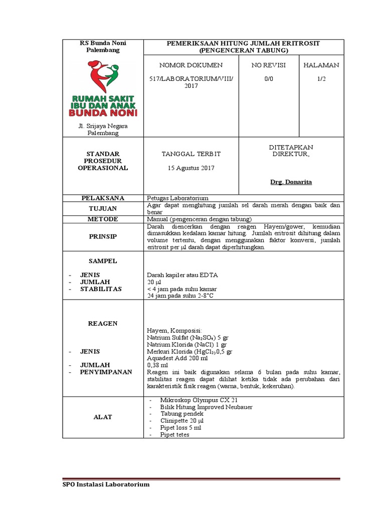 Pemeriksaan Hitung Jumlah Eritrosit (Pengenceran Tabung) | PDF