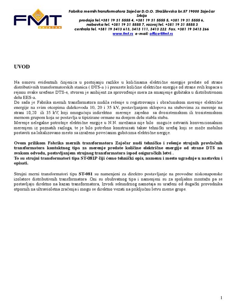 Strujni Transformatori Tpa ST-081P I ST-081 | PDF