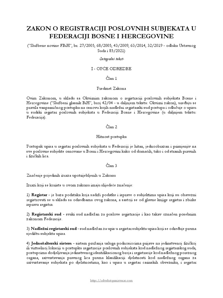 Zakon o Registraciji Poslovnih Subjekata U FBiH | PDF