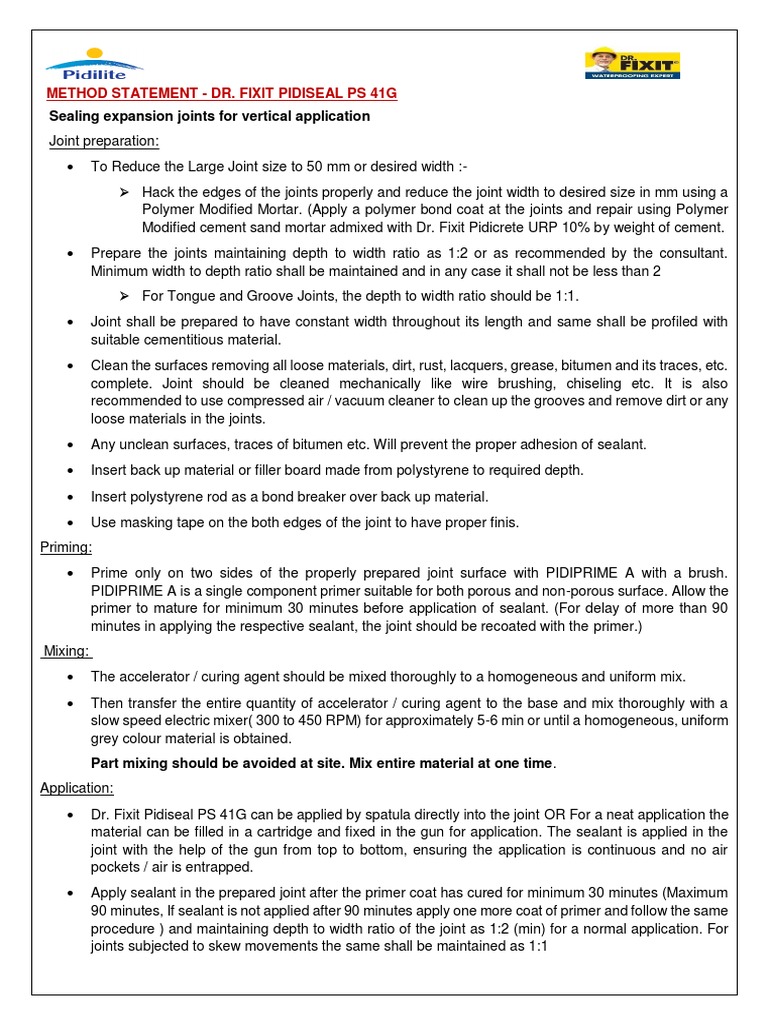 Method Dr. Fixit Pidiseal Ps 41g | PDF | Industrial Processes | Applied And Interdisciplinary ...