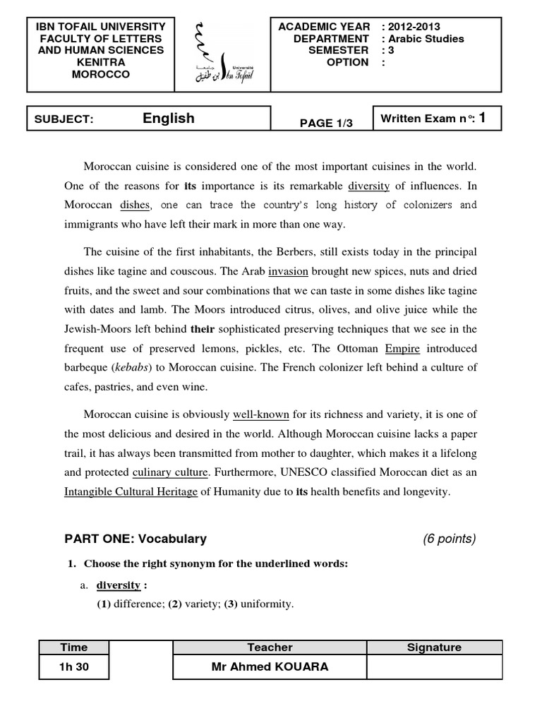 Written Exam 1 | PDF | Moroccan Cuisine | Morocco
