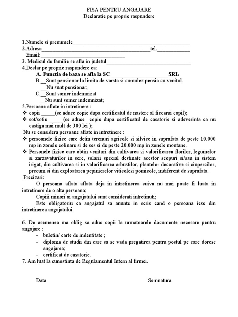 FISA PENTRU ANGAJARE Actualizata | PDF